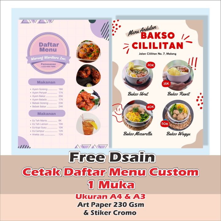 cetak daftar menu 1 Muka Ukuran A4 A3 daftar menu makanan minuman ...