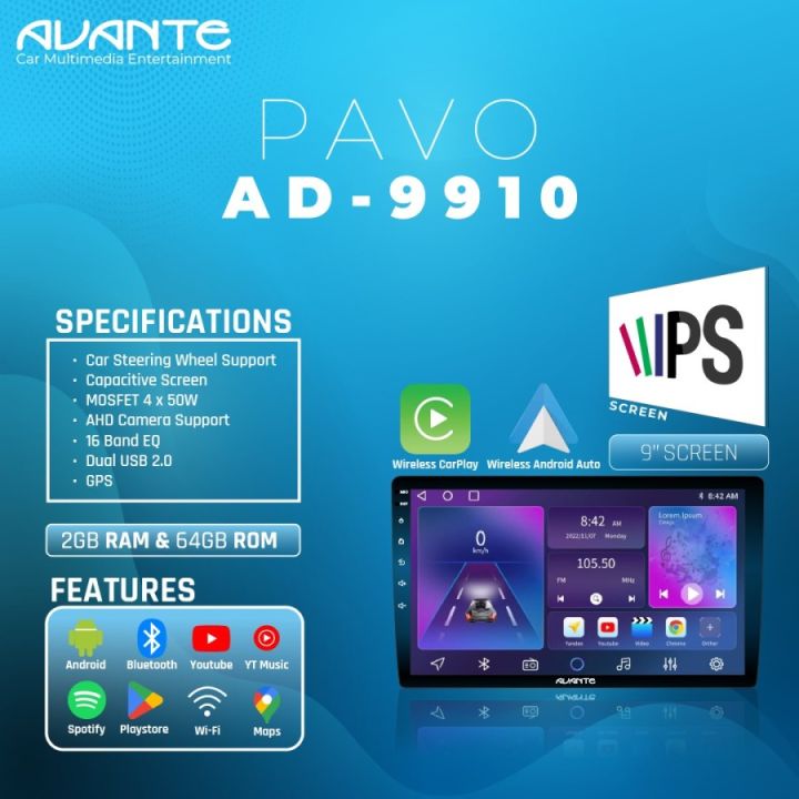 Headunit Mobil Avante Android Apple Car Play PAVO 2GB 64GB 9 Inch IPS ...
