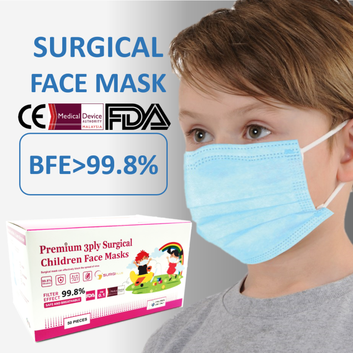 Surgiplus Surgical Kids Face Mask - 50pcs, 3 PLY, BFE >99%, Medical ...
