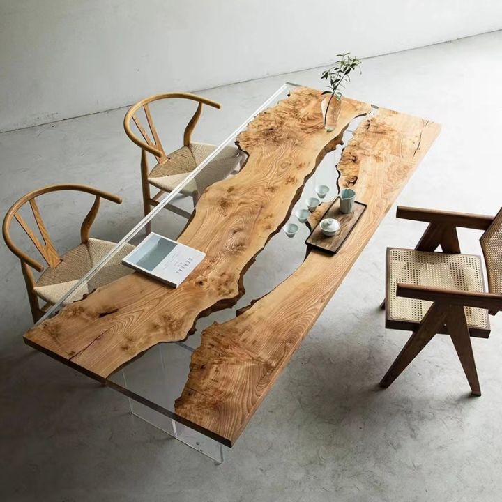 Epoxy resin induction luminous river table board solid wood ocean tea ...