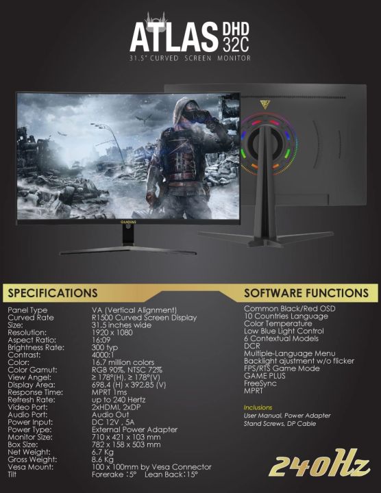 Gamdias Atlas DHD 323C 31.5" QHD 2560 x 1440 144Hz VA Technology 5ms ...