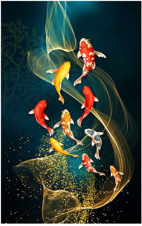 Golden Poster Canvas Art Painting Nordic Lucky Fish Chinese Style Koi ...
