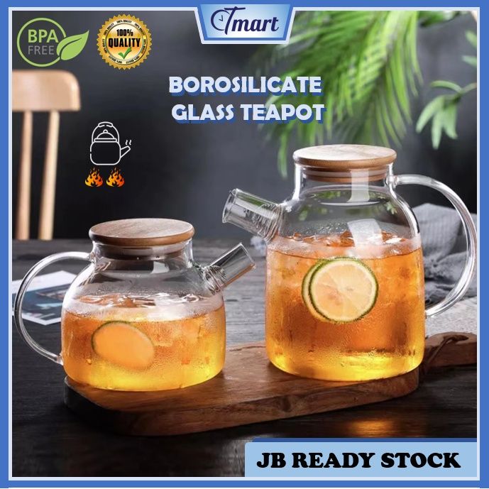 1000ml/1800ml Borosilicate Glass Teapot Bamboo Lid | Juice Pot | Coffee Pot | Boil on Open Flame ...