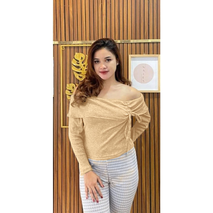 Atasan Monica Crop Top kerut Off Shoulder Lengan Panjang/zollaris ...
