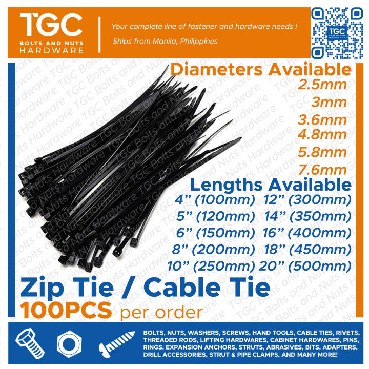 TGC 100PCS Black Cable Tie 2.5 / 3 / 4 / 5 / 6 / 8 mm x 4~20" Nylon Zip ...