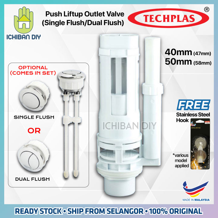 Techplas 40mm 50mm Single Dual Push Button Liftup Outlet Valve 38mm CP Water Tank Pump Cistern ...