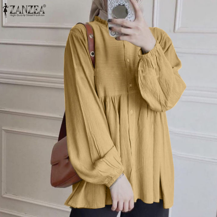 ZANZEA Muslimah Women Muslim Vintage Loose Lantern Sleeve Tops Ruffles ...