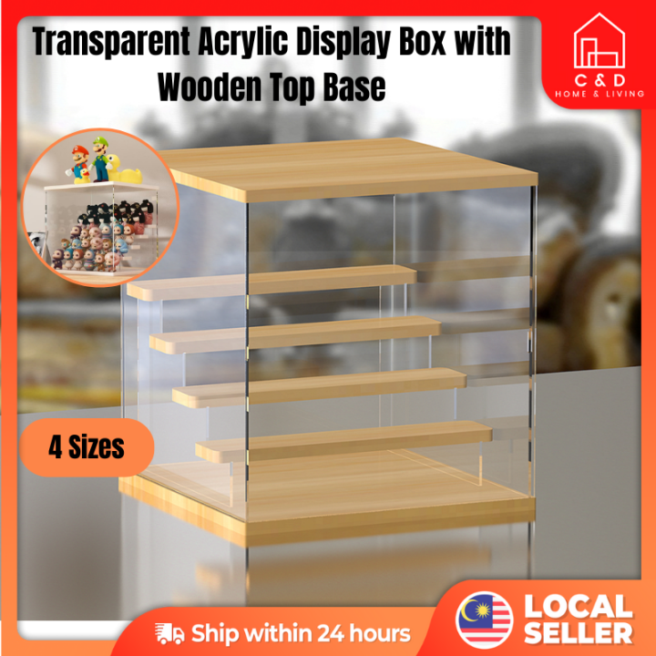 Transparent Acrylic Display Box Wooden Top & Base Dustproof Doll Toys ...