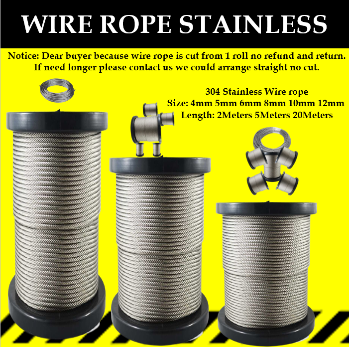 Twin Jean III 4mm-12mm 20 Meters Dia 304 Stainless Steel Wire Rope Cable Clip Silver Marine ...