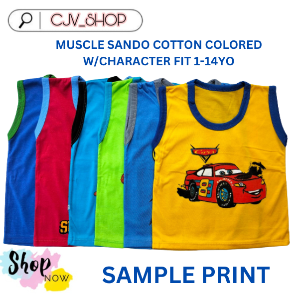 3pcs/6pcs MUSCLE SANDO COLORED COTTON W/CARTOON CHARACTER FIT (1-14 YO ...