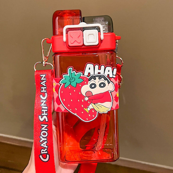 แก้วน้ำชินจัง ทรงสี่เหลี่ยม 2 หัว มีฝาปิด มีหลอดในตัว สุดน่ารัก ขนาด 520ML {พร้อมส่ง} | Lazada.co.th