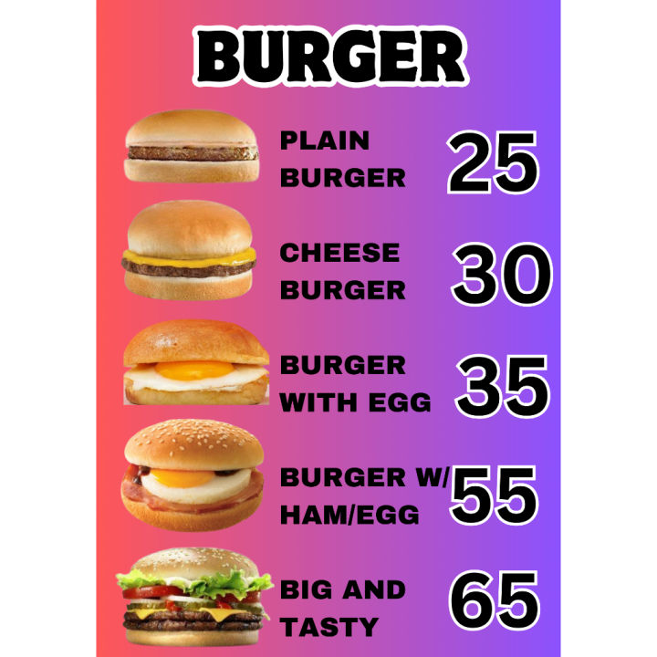 Laminated BURGER Single (VIOLET)signages a4size 250mic makapal,matibay ...