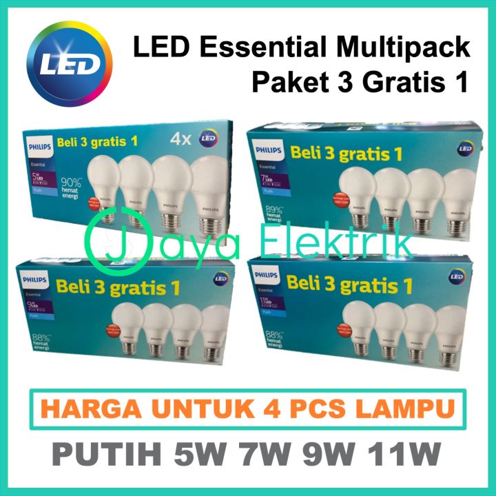 (PAKET 3 GRATIS 1) Lampu PHILIPS LED Essential 5W 7W 9W 11W Putih ...