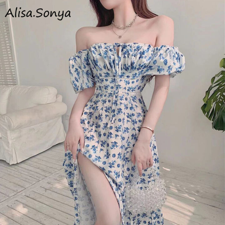 Alisa.Sonya Woman's Puff Sleeves Blue Floral Maxi Dresses Off Shoulder ...