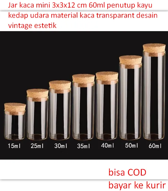 Jar kaca mini 3x3x12 cm 60ml penutup kayu kedap udara material kaca ...