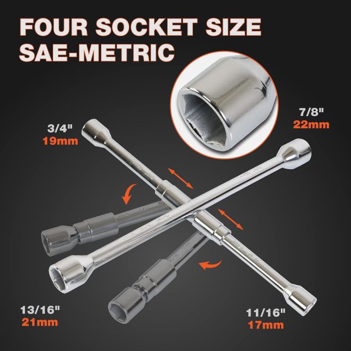 Folding Lug Wrench 4 Way,14-Inch SAE Metric Tire Cross Wrench Universal ...