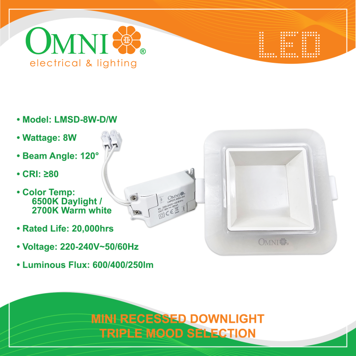OMNI LED Mini Recessed Square Downlight 8 Watts Triple Mood Selection ...