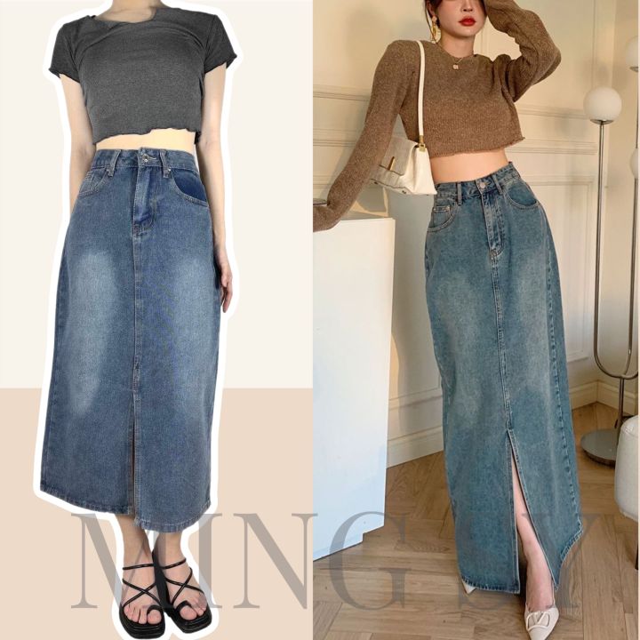 Y2K 90s Retro Maxi Denim Skirt Vintage Wash Maong Jeans Korean Style ...