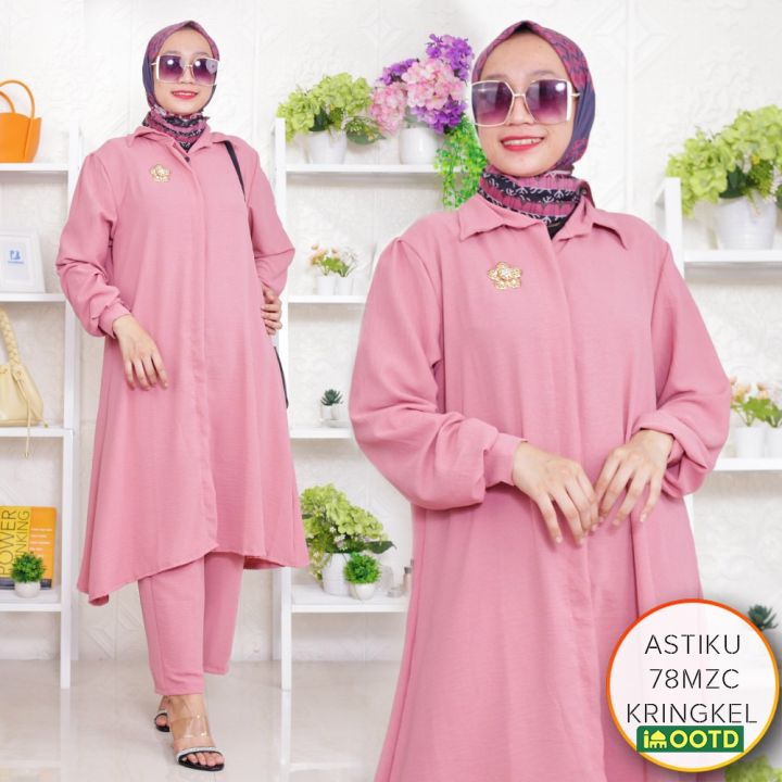 One Set Long Tunik Polos Kringkel Airflow Midi Full Kancing Tutup ...