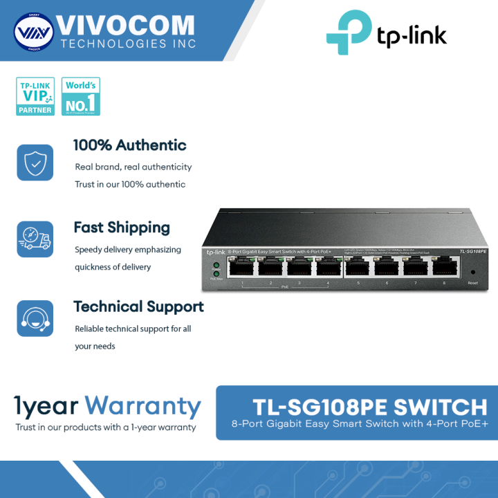 TP-Link TL-SG108PE 8-Port Gigabit Easy Smart Switch with 4-Port PoE ...