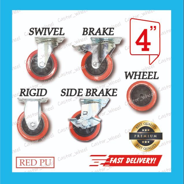 4'' (100mm) HEAVY DUTY RED PU SWIVEL/RIGID/BRAKE CASTOR/CASTER ROLLER ...