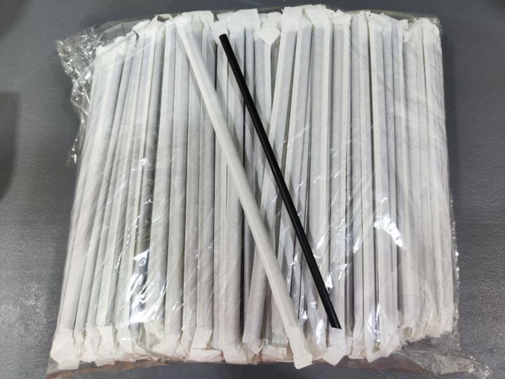 Individually Packed Slim Straw Pointed 23cm Black with Paper Wrapped ...