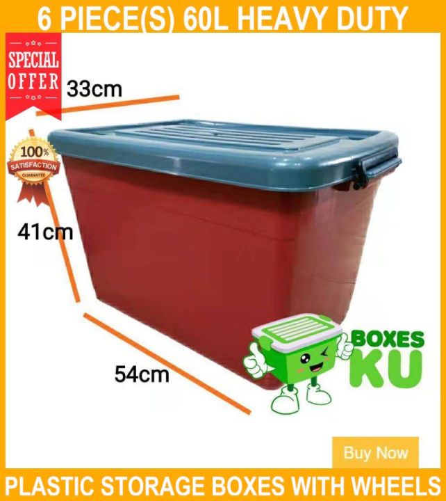 6 PIECE(s) 60l Heavy Duty Plastic Storage Boxes With Wheels & Lids ...