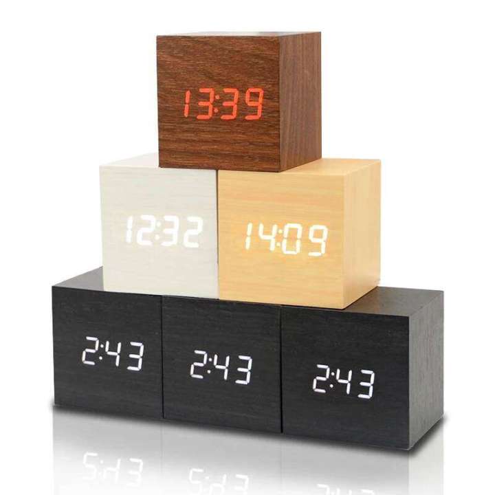 Wooden Alarm USB/Battery Powered, Mini Cube LED Digital Clock with Time ...