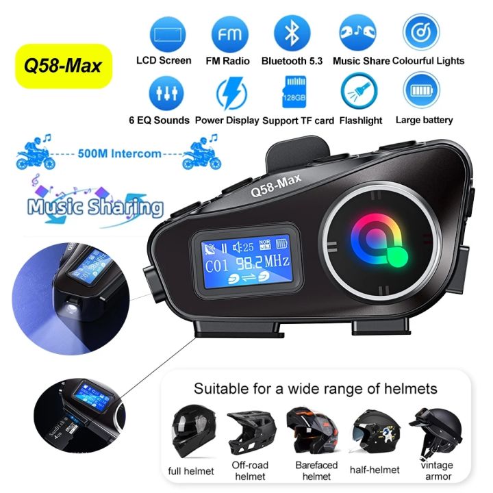 Q58 Motorcycle Helmet Bluetooth Intercom Headset 2-3Riders 500m Range ...