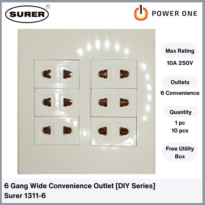 Surer 1311-6 6 Gang Single Pole Convenience Outlet with Utility Box ...