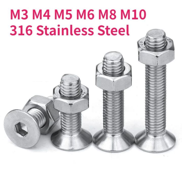 M3 M4 M5 M6 M8 M10 316 Stainless Steel Countersunk Head Hex Socket Screw Hexagon Nuts Flat Head ...