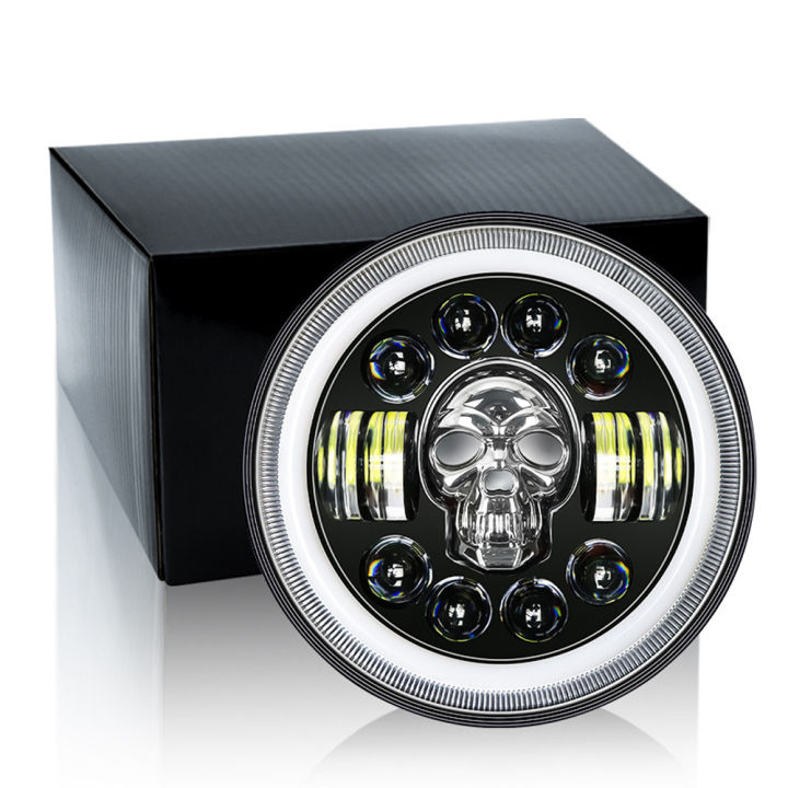 7 Inch Motorcycle Headlight Round RGB Skull Headlamp Angel Eye IP67 ...