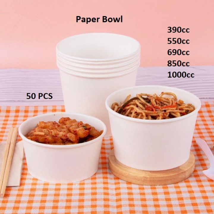 (50 Pcs) Disposable Paper Bowl & Lid Plain White / Food Cup / Food ...