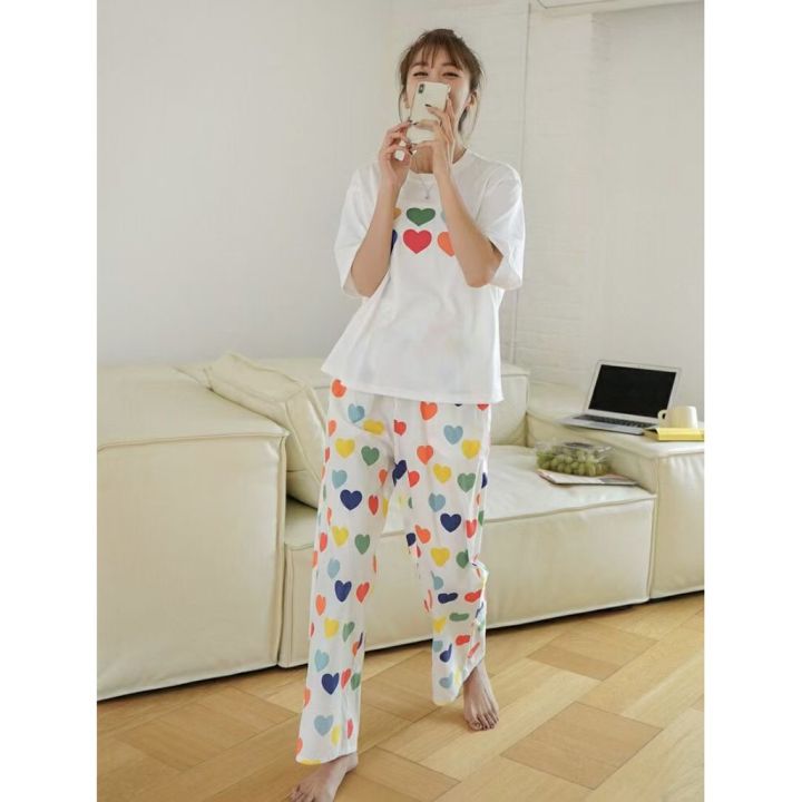 Cici(C8918)ชุดเซตเสื้อยืดแขนสั้น+กางเกง ลายหัวใจ น่ารักมาก ใส่เล่นใส่ ...