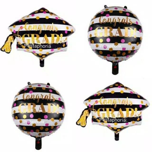 Balon Foil Wisuda / Graduation / Toga Stripe Black Congrats Grad Gold ...