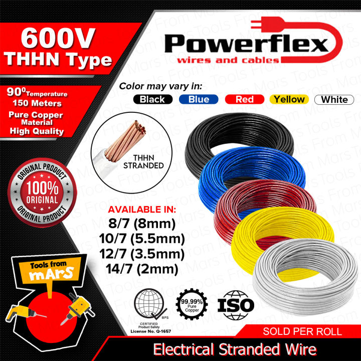 Powerflex Electrical THHN Stranded Cable Wires 150 Meters 8/7, 10/7, 12 ...