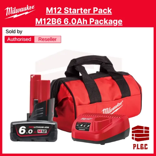 Milwaukee M12 Starter Pack M12B6 M12 x 6.0ah Red-Lithium Battery + C12C ...