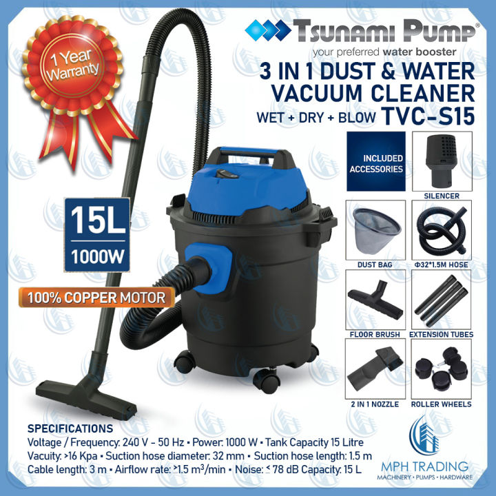 Tsunami TVC-S15 3 In 1 Industrial Dust & Water Vacuum Cleaner Series ...