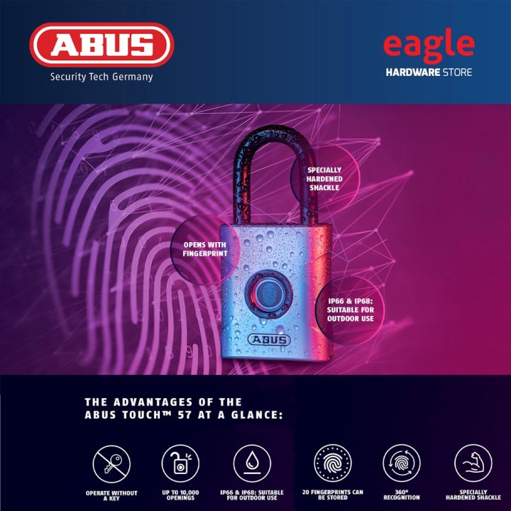 Abus Touch™ 57/50 Weatherproof Fingerprint Padlock | Lazada
