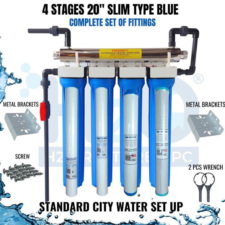 Water Filter 4 Stages 20" Slim Type with 6 gpm UV Light Complete Set of ...
