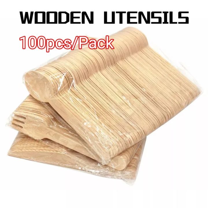 Fmart 100Pcs Pack Wooden Spoon, Fork, and Knife - Eco friendly ...