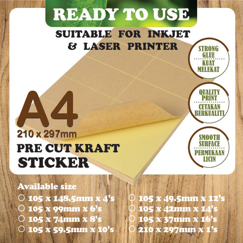 A4 Blank Kraft Sticker / A4 Kraft Sticker ( 100 Sheets) - Pre-cut Ready ...