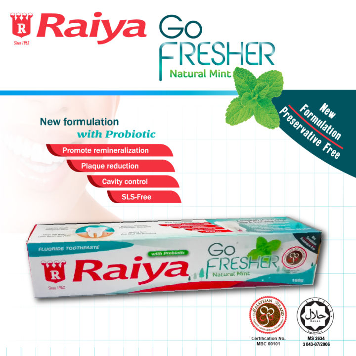 Raiya Go Fresher Natural Mint Fluoride Toothpaste 160gm / Preservative ...