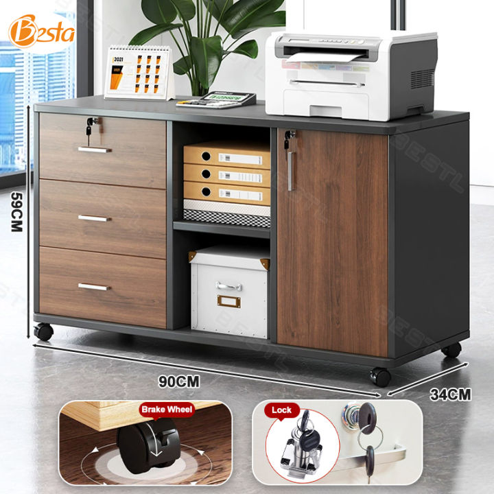 【Removable Wheels】Home Office File Cabinet with Lock Wooden Locker Data ...