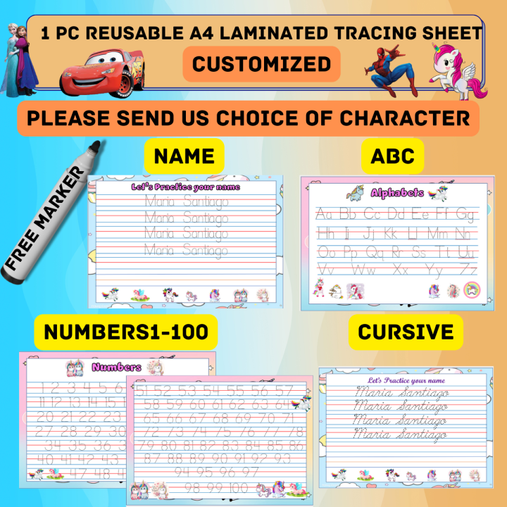 1 tracing reusable A4 Laminated with marker (abc, name, numbers ...