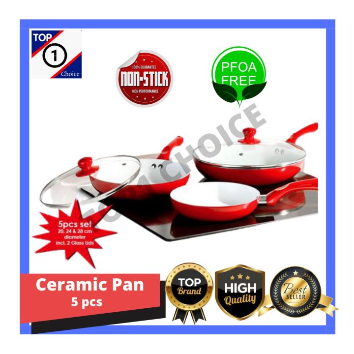 AUTHENTIC Ceramic Stone Frying Pan (Red) Set of 5 PIECES PAN WITH 2 ...