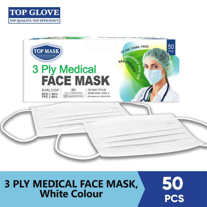 Top Glove Top Mask 3 Ply Adult Medical Earloop Face Mask, White|50 Pcs ...
