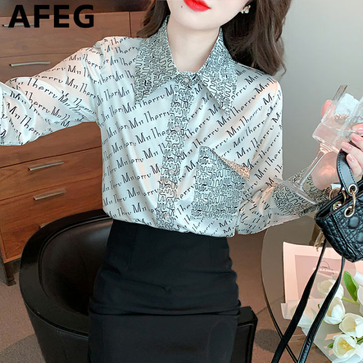 AFEG ใหม่สไตล์เกาหลีเสื้อคอปกแฟชั่นหลวมจดหมายอเนกประสงค์พิมพ์ผ้าไหมซาติ ...