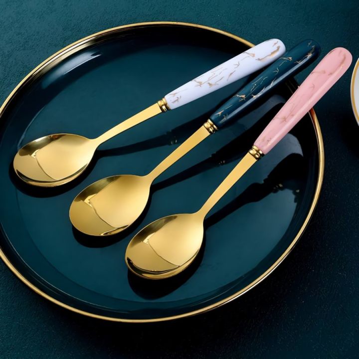 Sendok makan sendok korea stainless marble motif keramik - emas ...