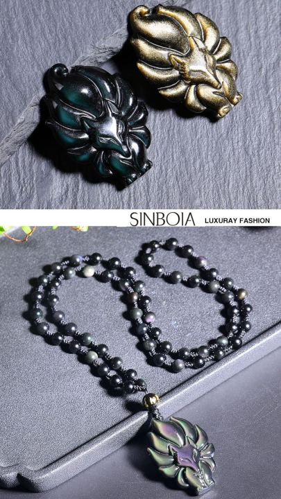 Sinobia โชคดีนะสร้อยคอหินจิ้งจอกเก้าหางธรรมชาติ,พร้อมโซ่ลูกปัดหินภูเขา ...